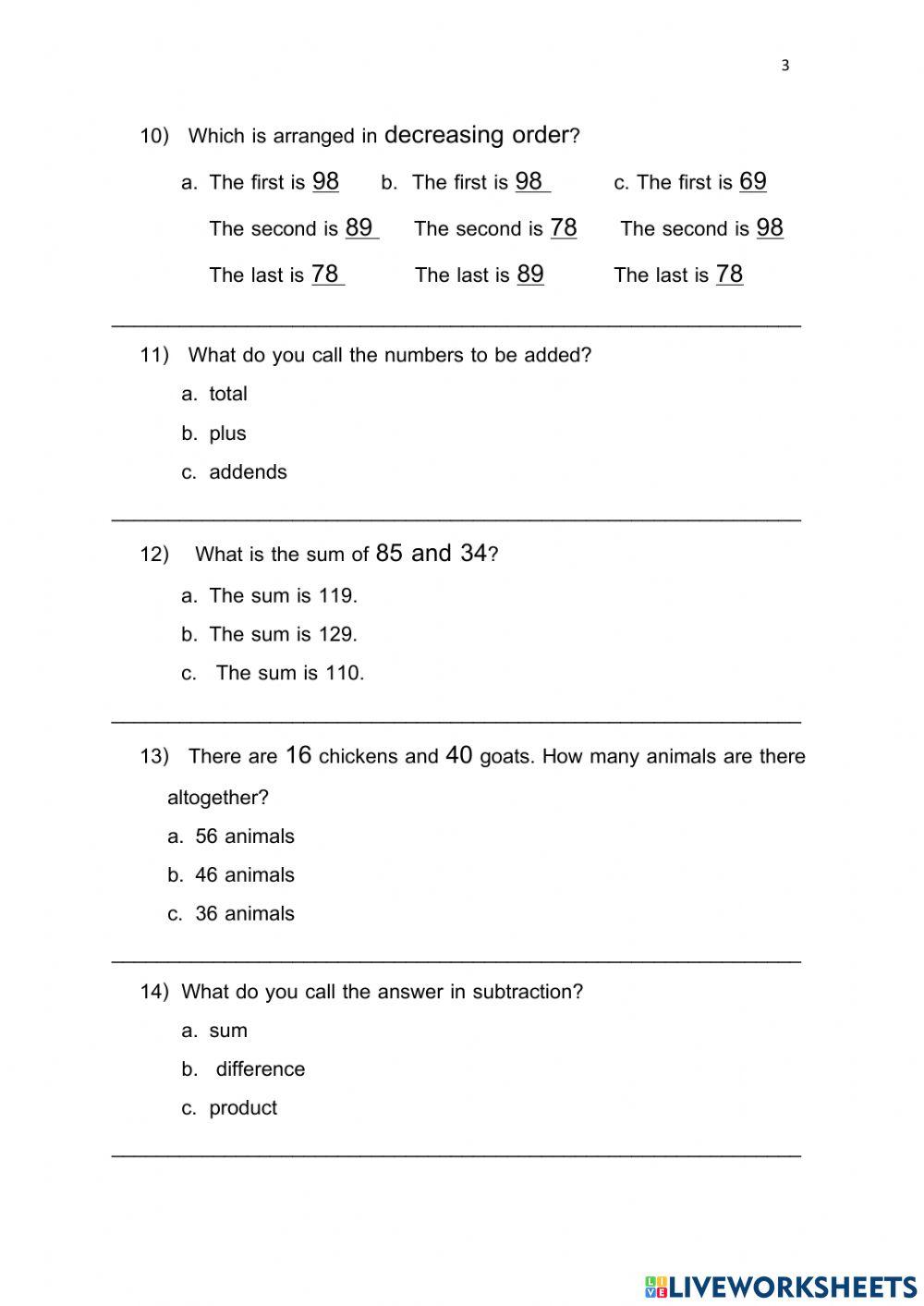 MATH GRADE 1 TEST 2791044 | markrenz17 | Live Worksheets