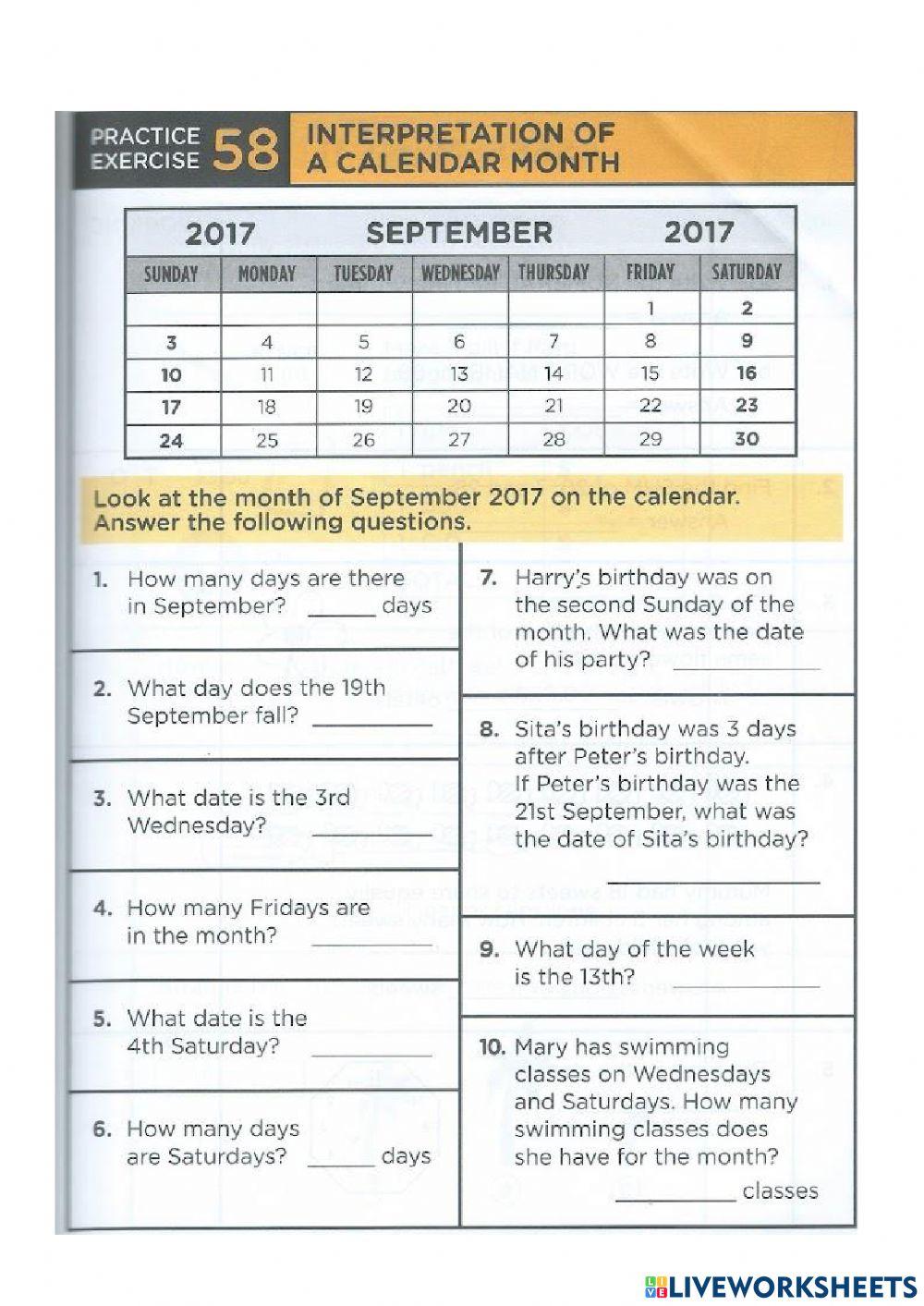 A calendar online exercise for | Live Worksheets