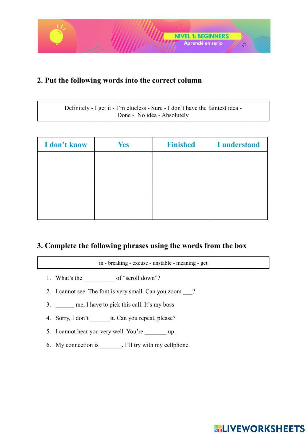 NIVEL 1: communication in class worksheet | Live Worksheets