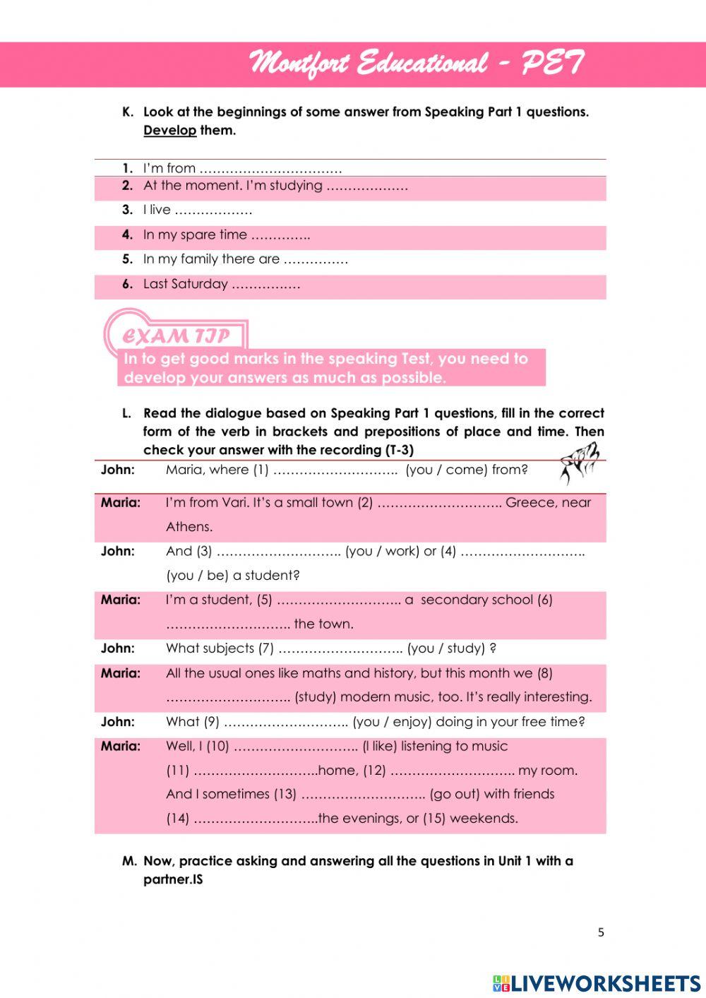 5315450 | B1 - SPEAKING UNIT 1 | Montfort Educational
