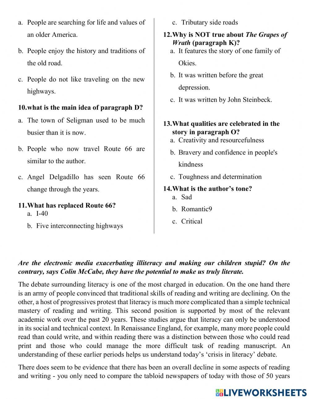 Reading online exercise for G9 | Live Worksheets