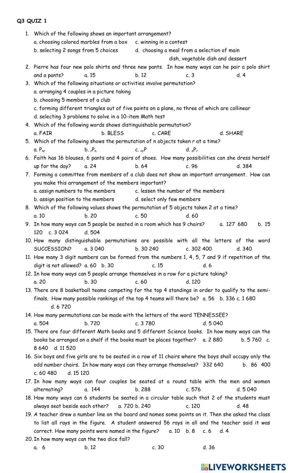 Q3 QUIZ 1 PERMUTATION online exercise for | Live Worksheets