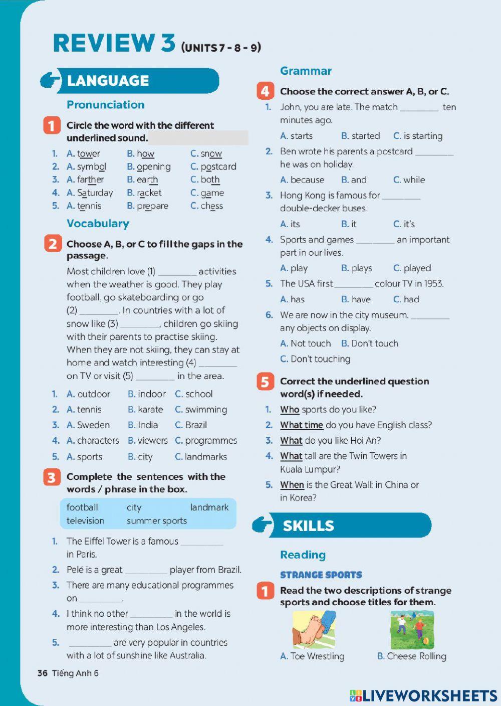 G6 - Review 3 SGK - U(7 8 9) worksheet | Live Worksheets