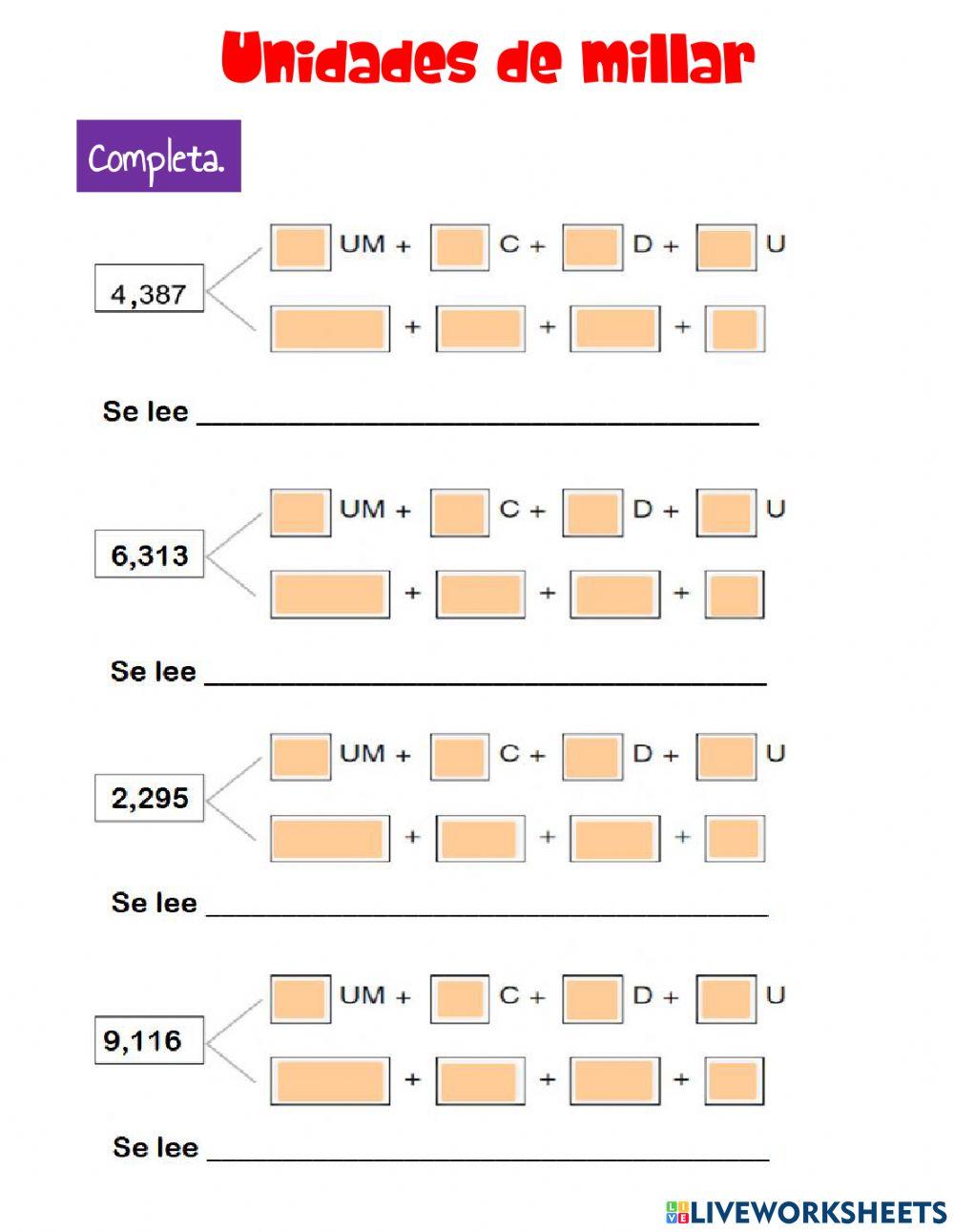 Unidades de millar | Gaby_Galicia | Live Worksheets