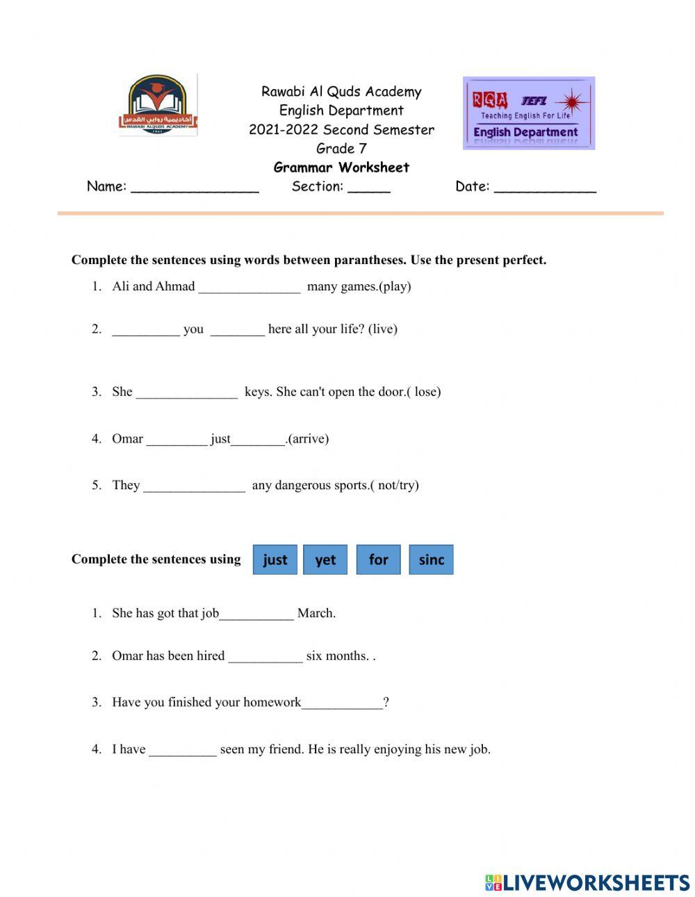 g7 u4 present perfect online exercise for | Live Worksheets