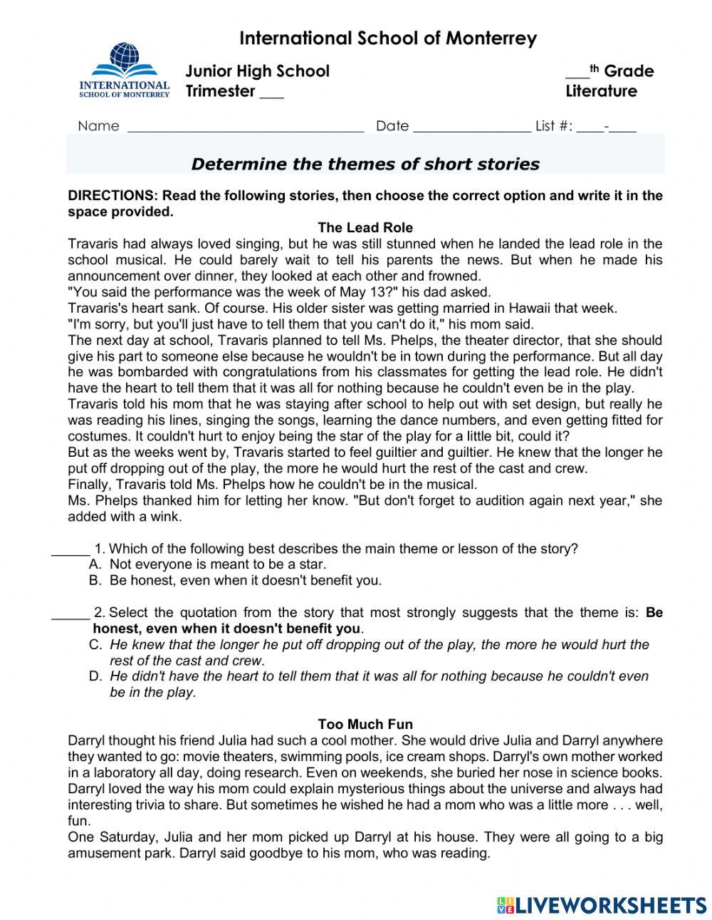 Main themes in passages worksheet | Live Worksheets