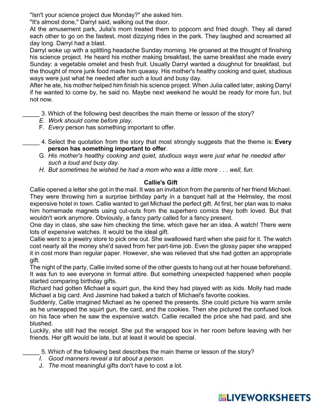 Main themes in passages worksheet | Live Worksheets