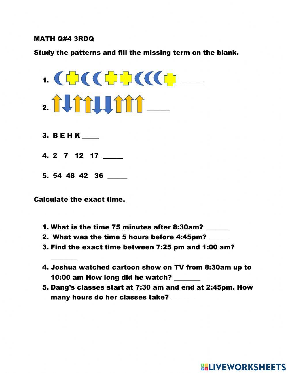 Elapsed time online worksheet for 4 | Live Worksheets
