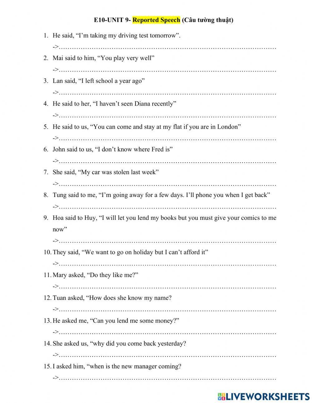 E10-Unit 9-REPORTED SPEECH 1948480 | NGUYEN THI PHUOC