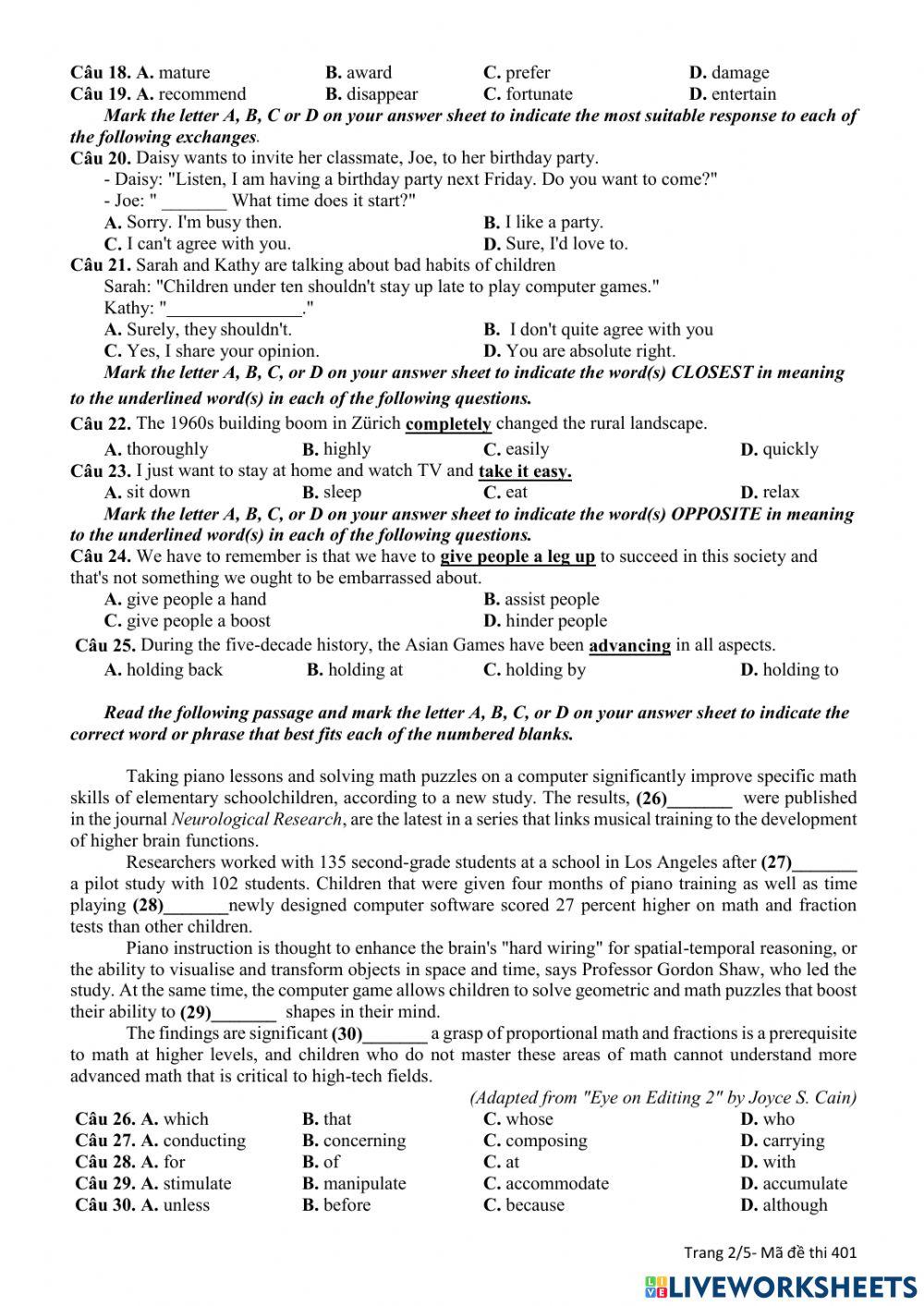 thi thử 1 worksheet | Live Worksheets