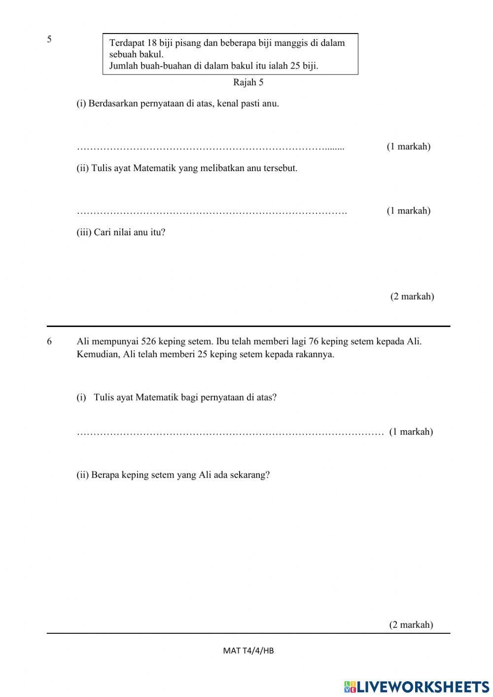 Matematik tahun 4 kertas 2 - latihan 1 online exercise for | Live ...