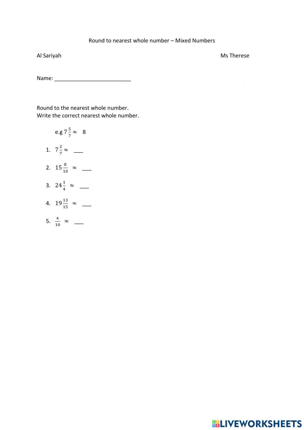 Round fractions | Free Interactive Worksheets | 1910157