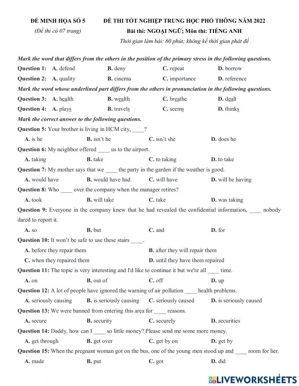Test 5 worksheet for 12 | Live Worksheets