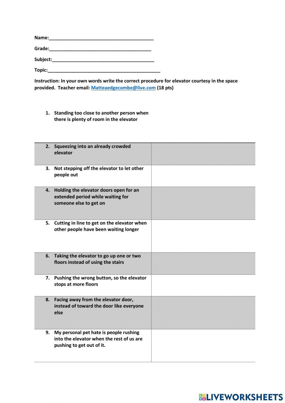 Elevator courtesy | Mattea Edgecombe | Live Worksheets