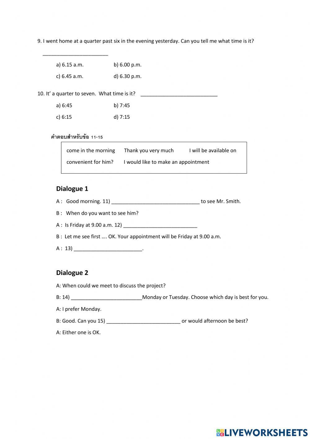 แบบทดสอบหลังเรียนหน่วยที่ 5 เรื่อง Telling the time - Making an appointment online exercise for ...