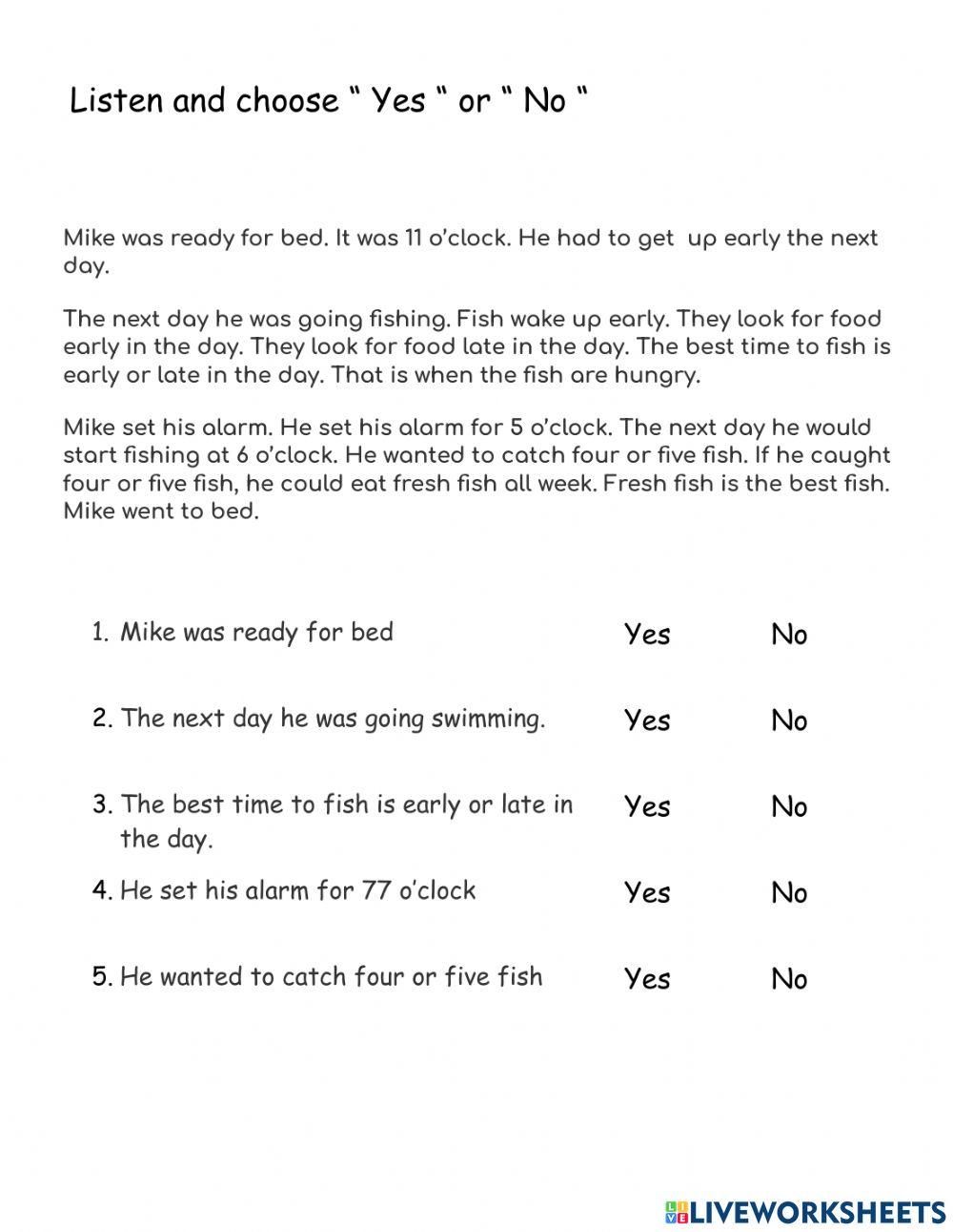 Listen and choose “ Yes “ or “ No “ worksheet | Live Worksheets