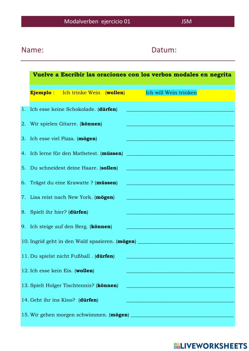 Modalverben Ejercicio 01 schreiben worksheet | Live Worksheets