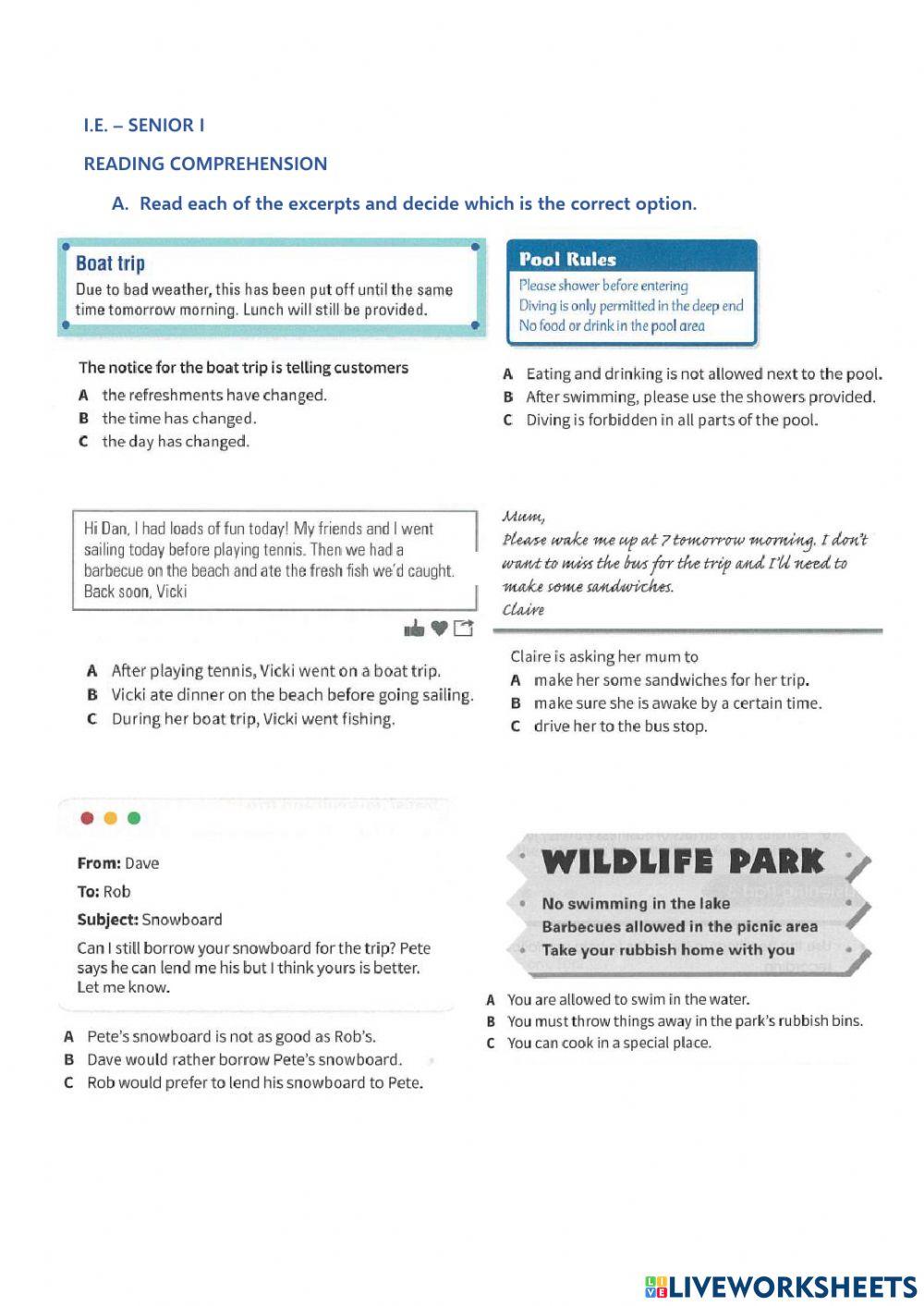Reading comprehension online exercise for intermediate | Live Worksheets