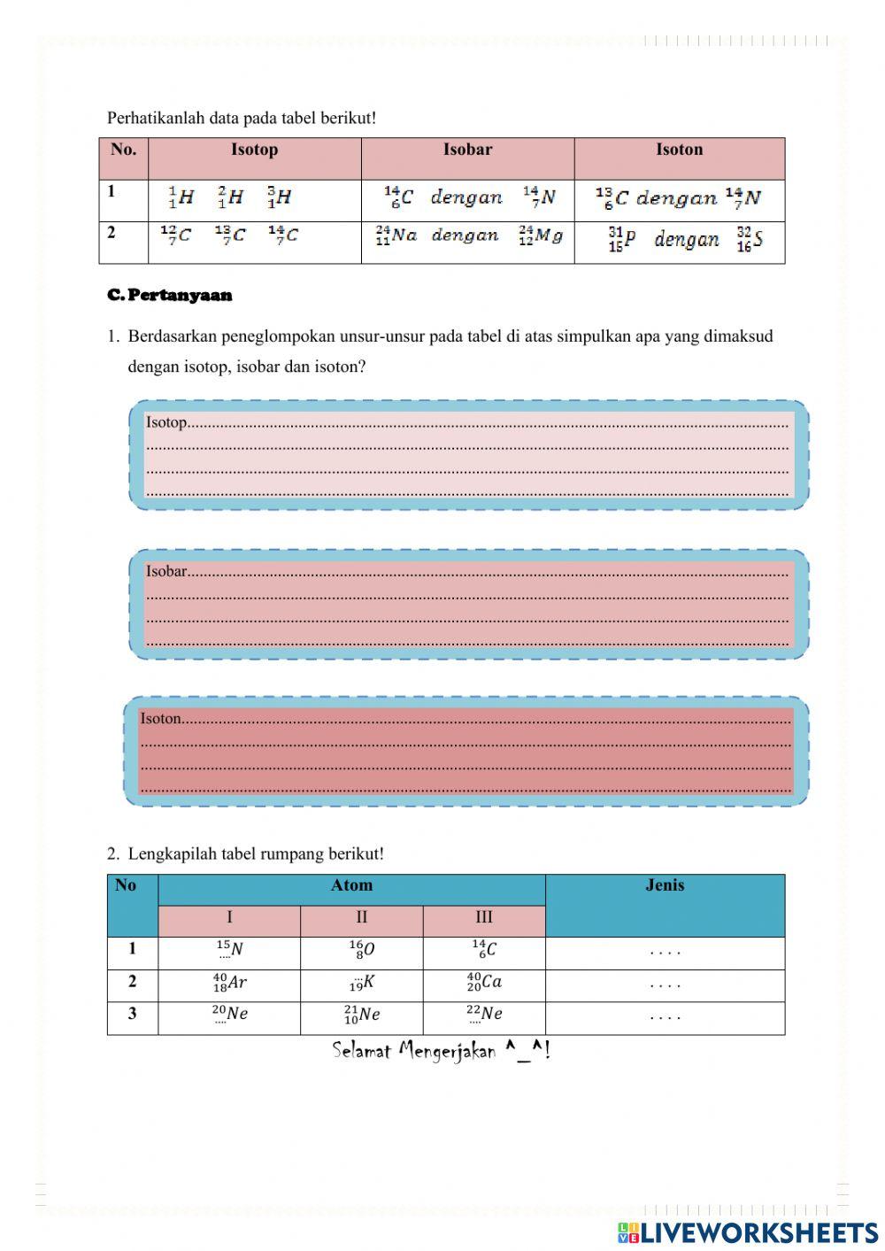Nomor Atom dan Nomor Masa (Isotop, Isobar, Isoton) worksheet | Live Worksheets