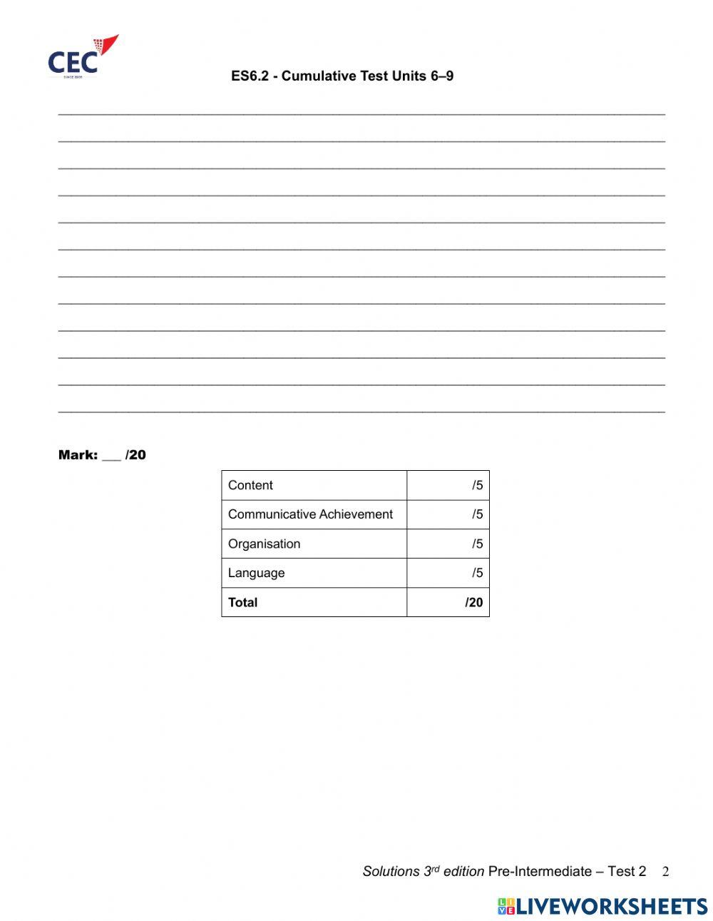 ES6.2 - Writing Test 2 worksheet | Live Worksheets