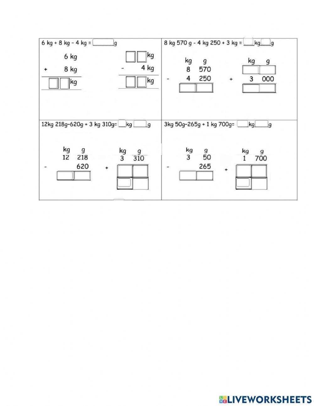 Addition and Subtraction of Mass interactive worksheet | Live Worksheets