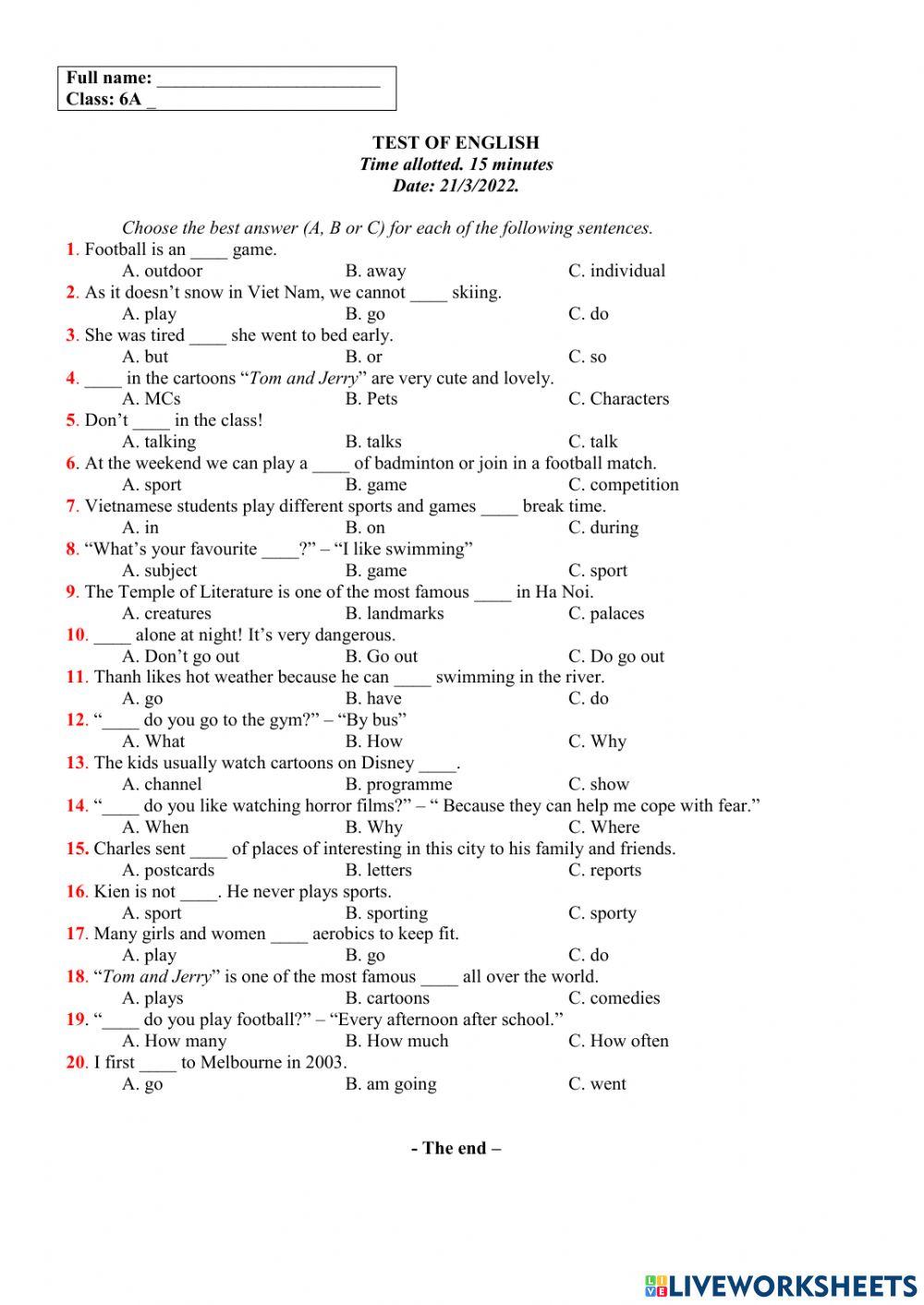 USE OF ENGLISH - GRADE 6 (Global Success) online exercise for | Live ...