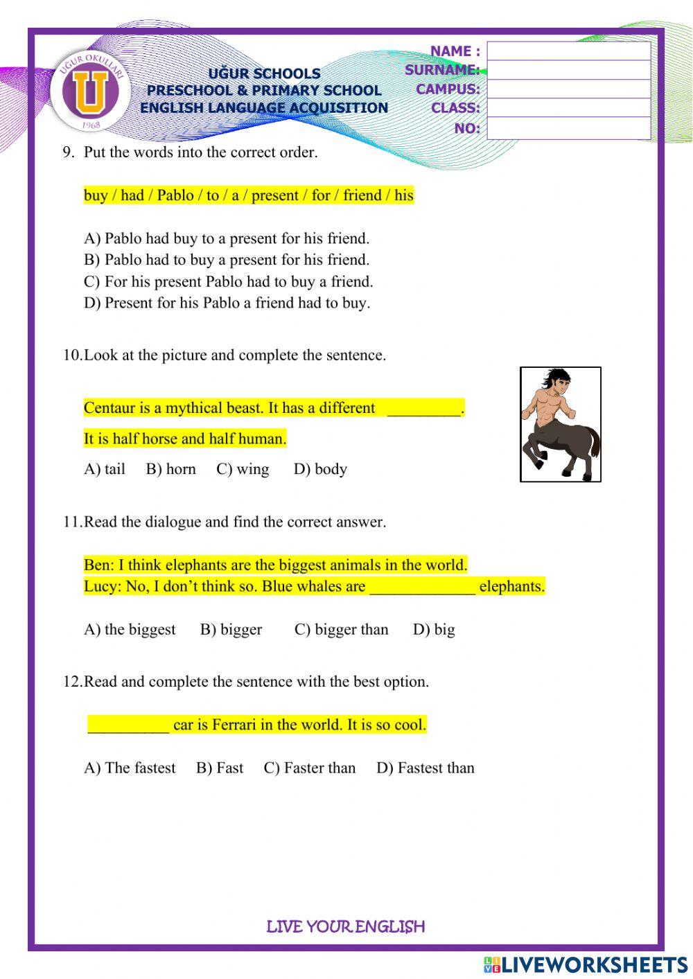URT 3 Grade 4 Practice Test worksheet | Live Worksheets