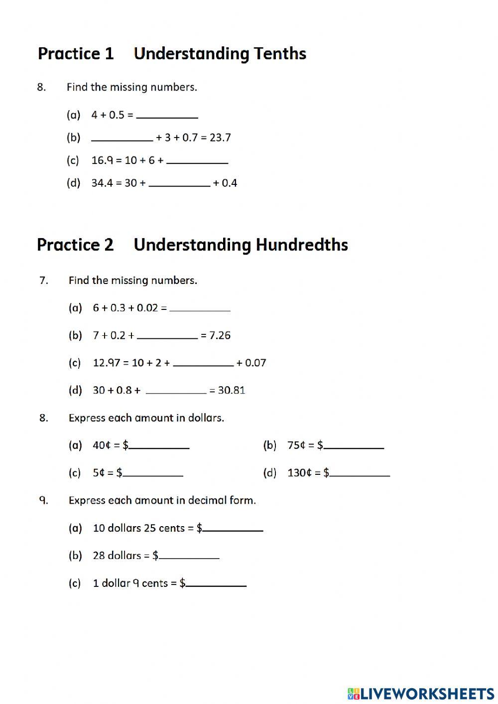 Y4 Expanded Form of Decimals WB online exercise for | Live Worksheets