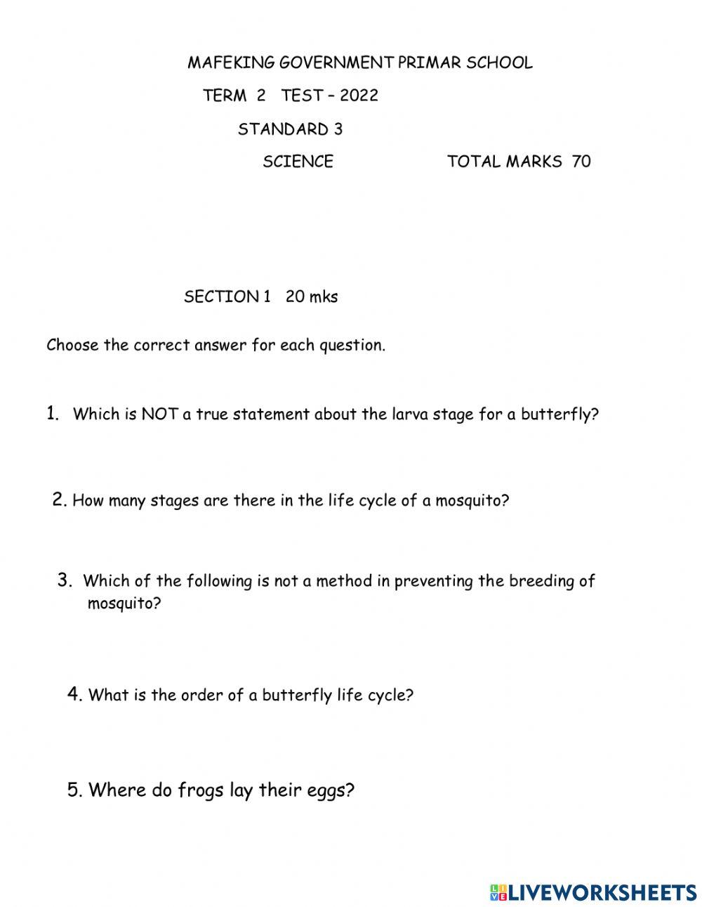 SCIENCE TEST TERM 2 online exercise for | Live Worksheets