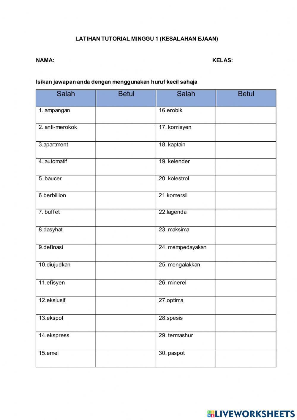 Kesalahan ejaan free activity | Live Worksheets