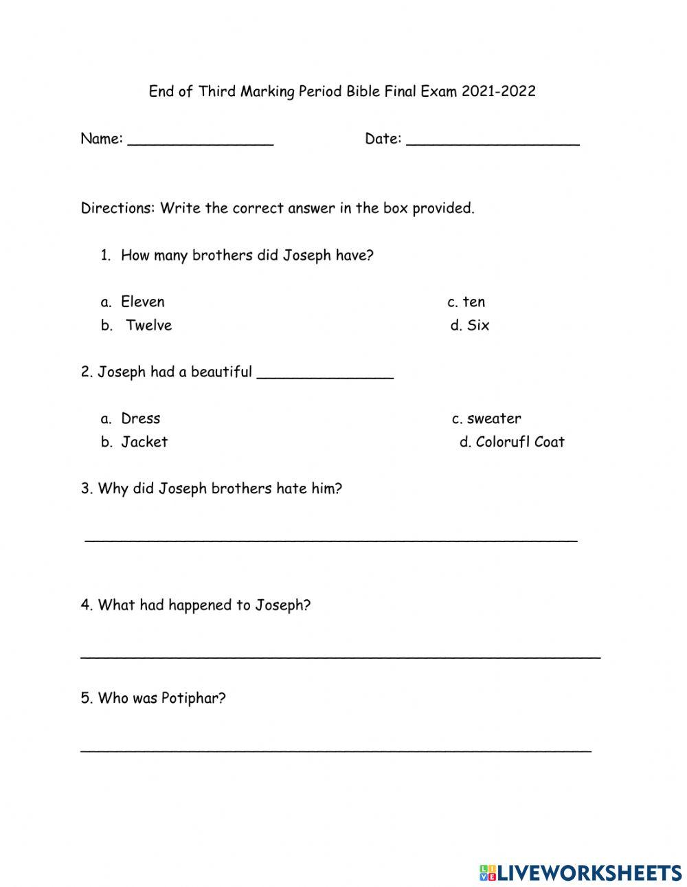 Bible End of Third Marking Period Final Exam 2022 online exercise for ...