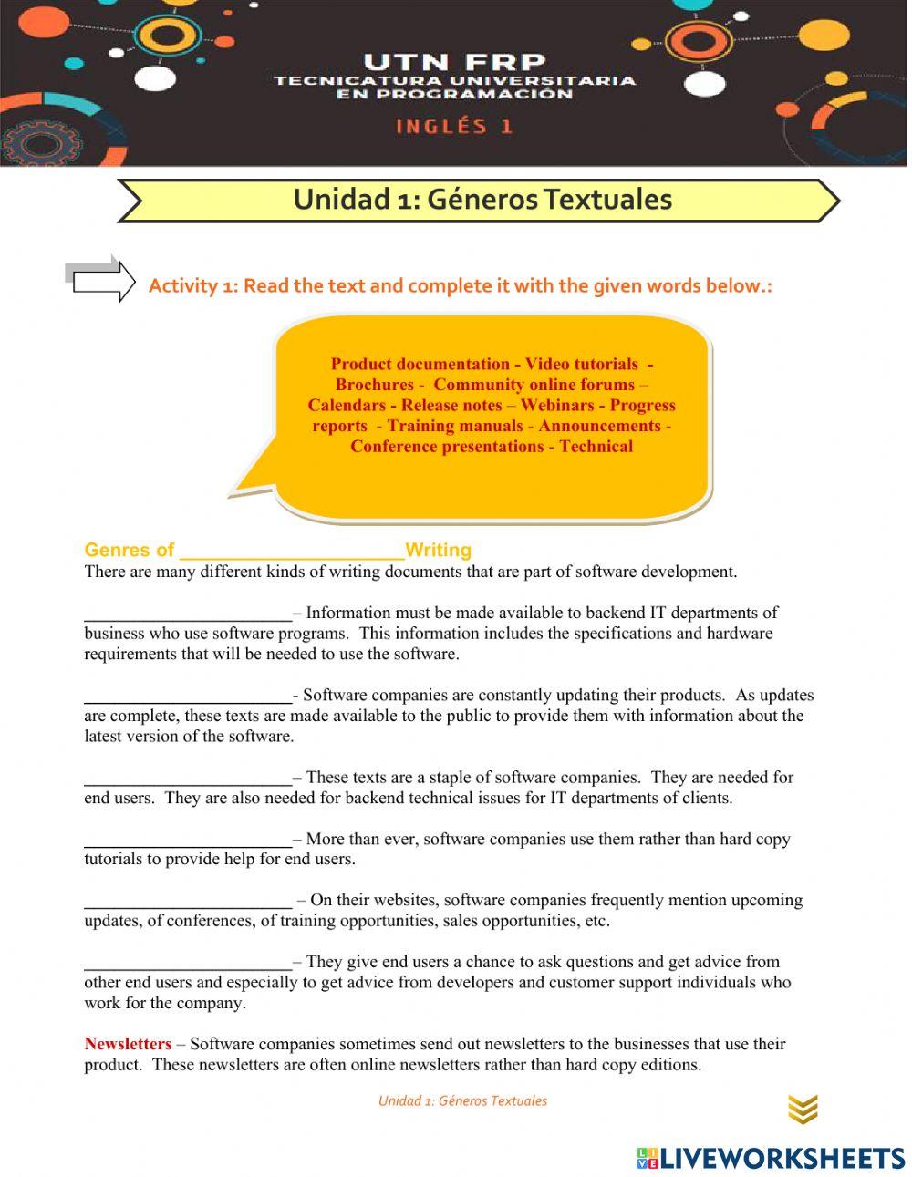 TUP-ING1-UNIT1-TEXT GENRE-Grupo Mañana online exercise for | Live Worksheets