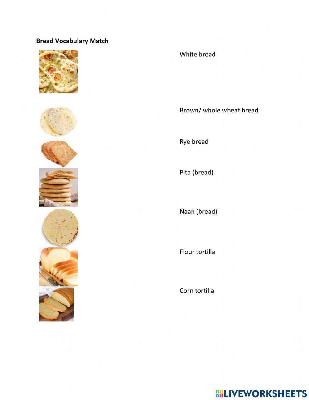 Cheese, Bread, Pantry Vocab Match worksheet | Live Worksheets