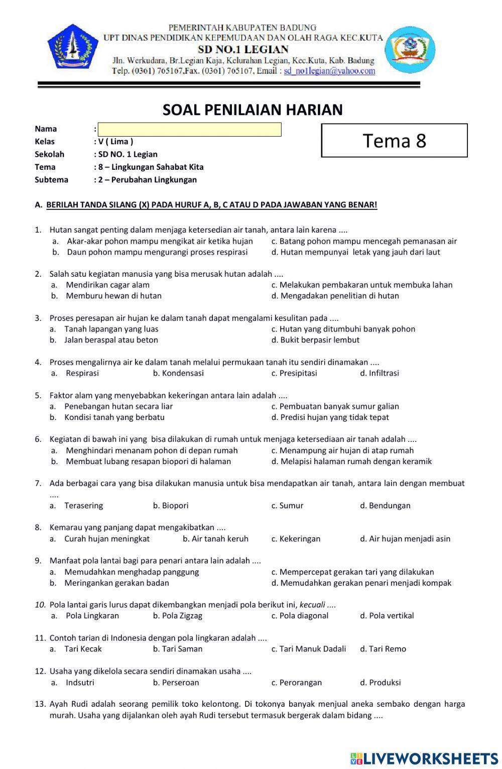 Ulangan tema 8 sub 2 worksheet | Live Worksheets