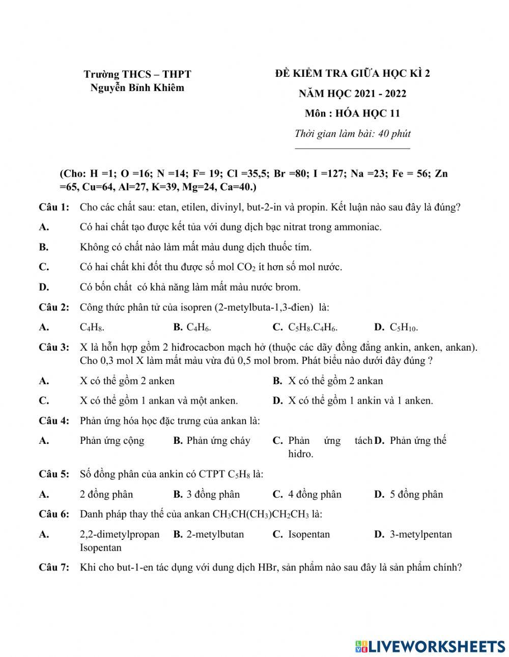 KT giua ki 11 worksheet | Live Worksheets