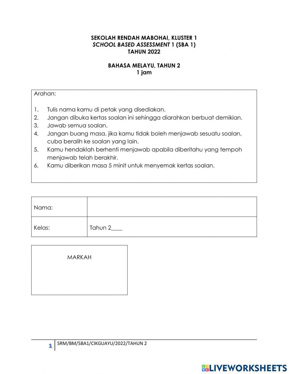 Sba 1 bahasa melayu worksheet | Live Worksheets