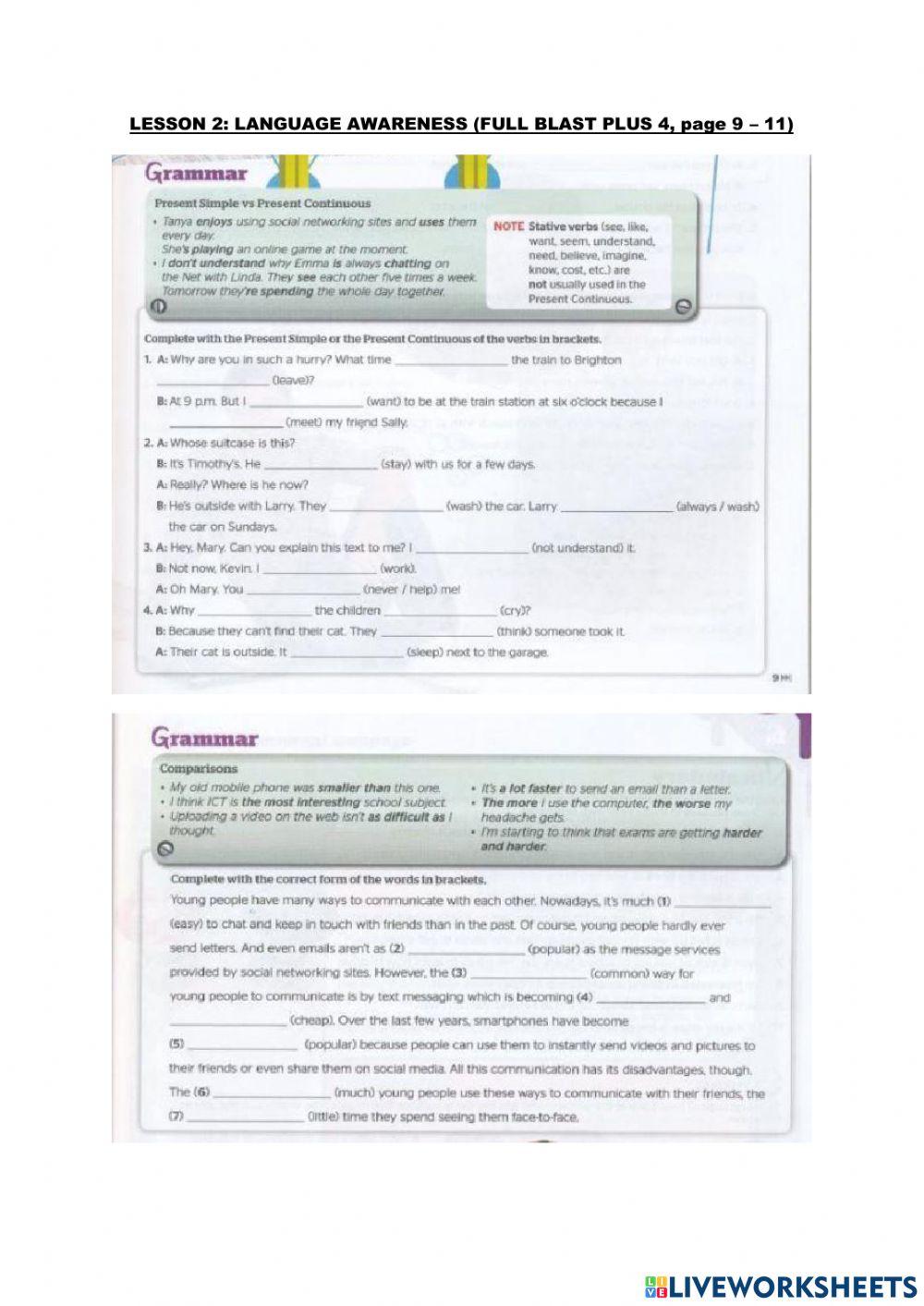 Lesson 2: Language Awareness (Full Blast Plus 4, pg. 9 - 11) online exercise for | Live Worksheets