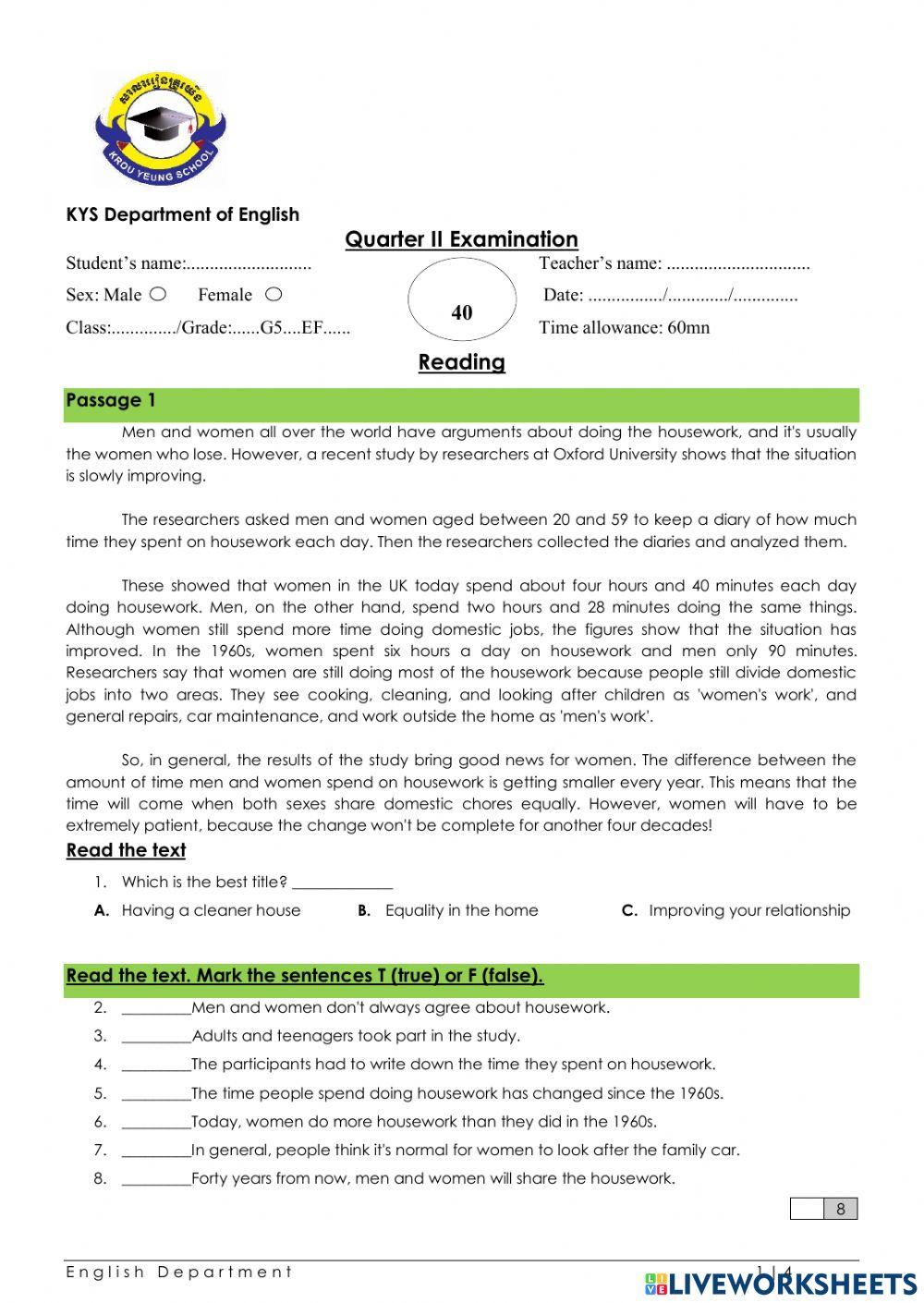 Reading G5 EF term 2 2021-2022 worksheet | Live Worksheets