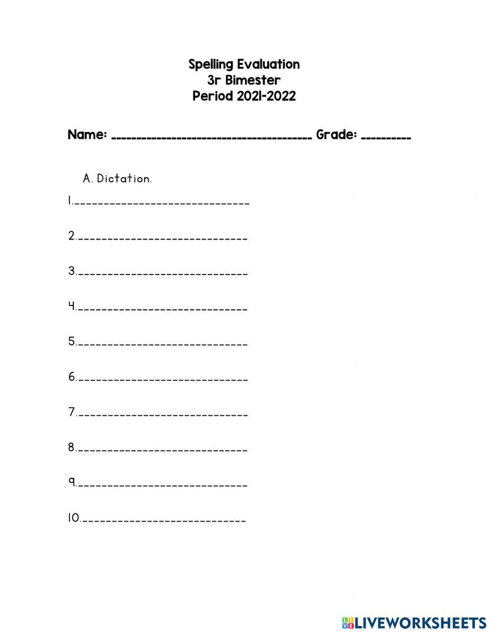 Spelling Evaluation 3rd Bimester worksheet | Live Worksheets