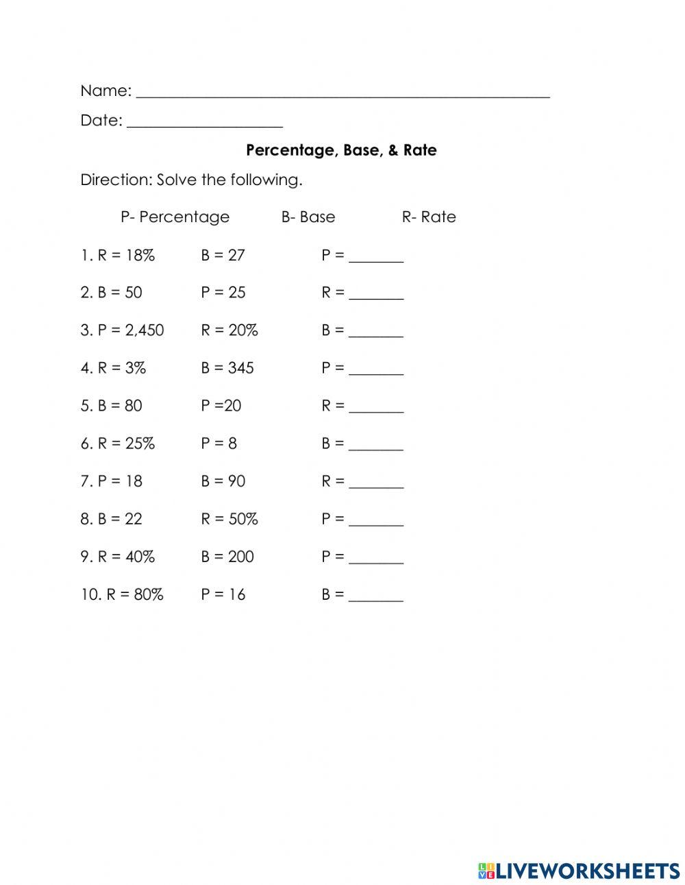 Percentage Base Rate Worksheet Live Worksheets Percentage Base Rate Worksheet Live Worksheets