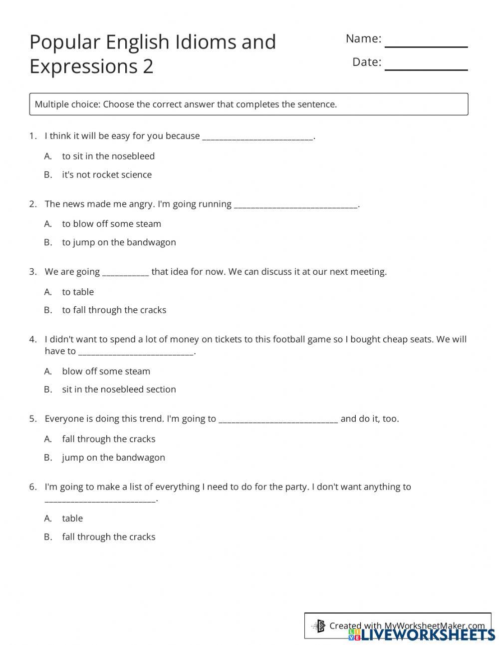 Popular English Idioms And Expressions 2 Worksheet Live Worksheets popular-english-idioms-and-expressions-2-worksheet-live-worksheets