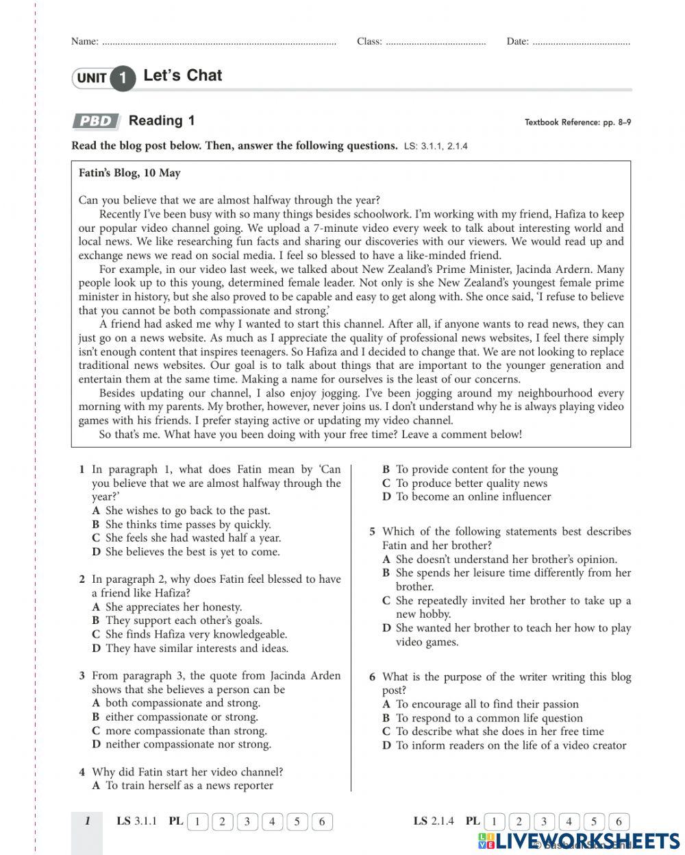 Multiple Choice Questions (TOPIC: BLOG) online exercise for | Live ...