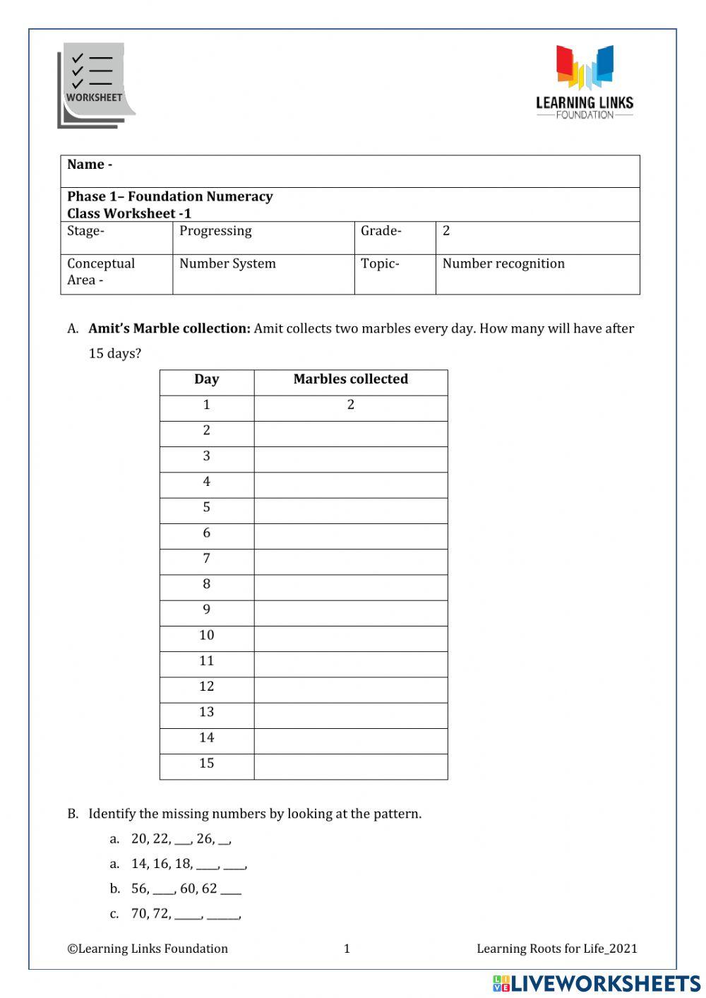 Phase 1– Foundation Numeracy Class Worksheet -1 interactive worksheet ...