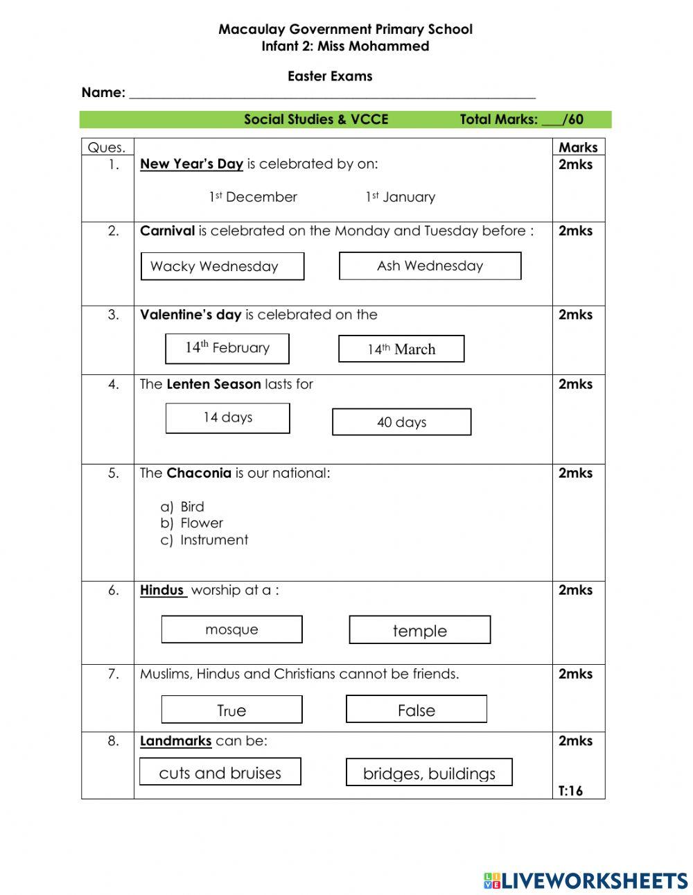 Infant 2 Social-Studies-VCCE Term 2 Exams 2022 online exercise for ...