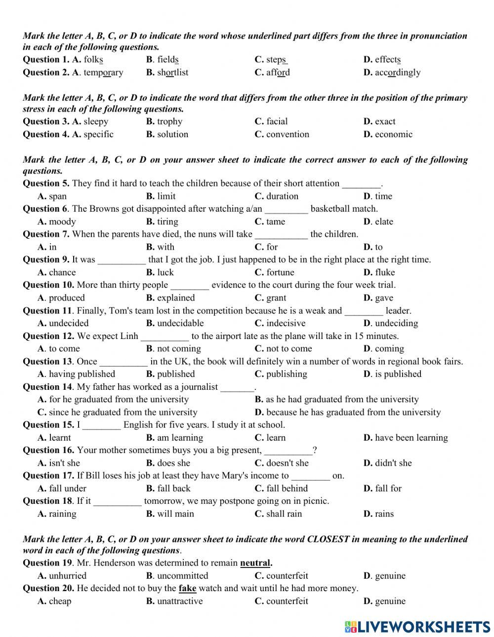 Trial test 36 worksheet | Live Worksheets