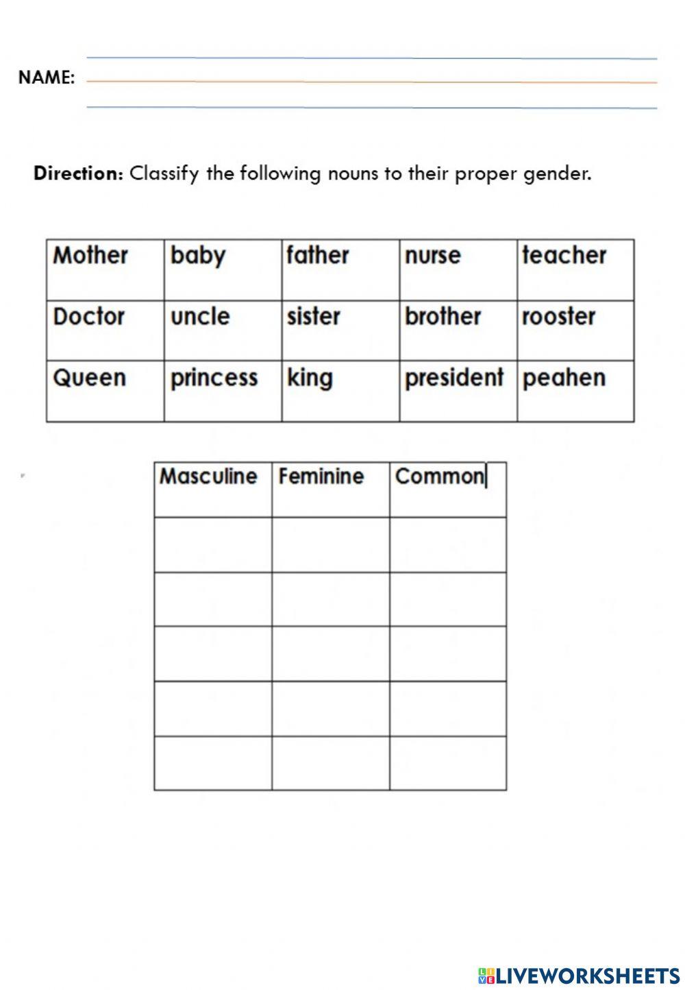 A0-Q1W6-Lesson 5 - Gender of Nouns worksheet | Live Worksheets