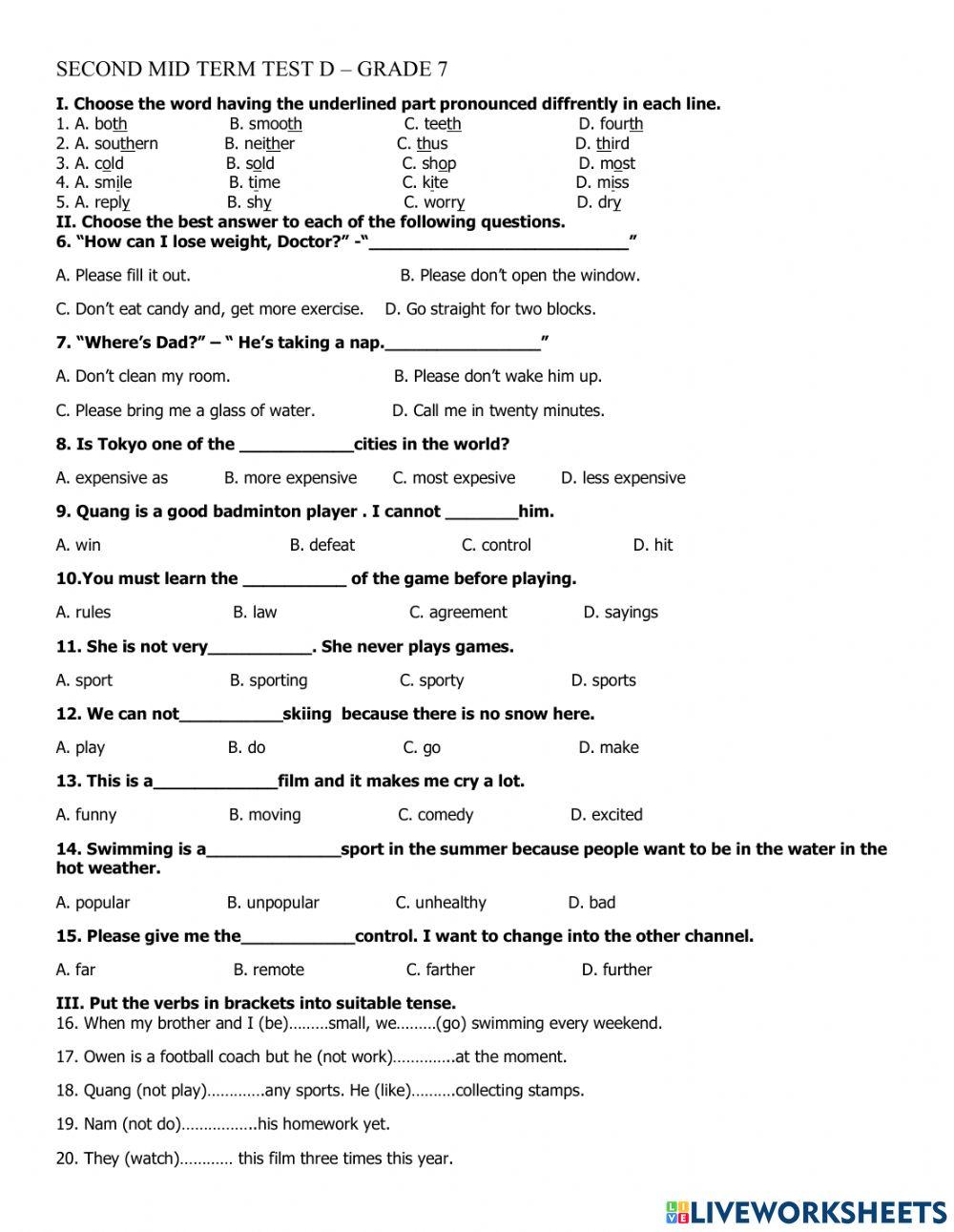 Second mid term test d - grade 7 worksheet | Live Worksheets
