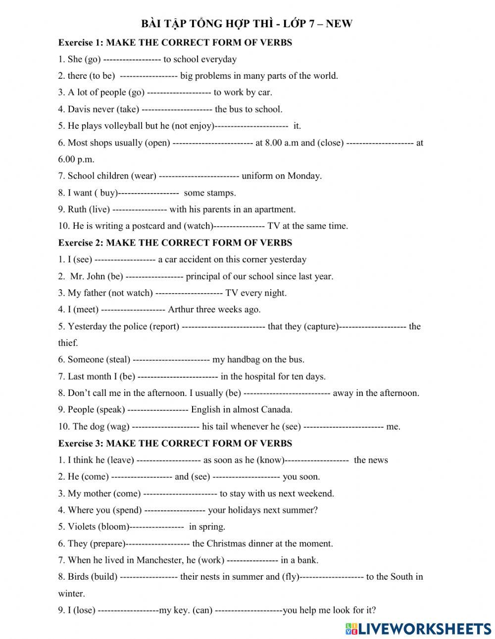 Nguyen Duong Jessica | BAI TAP TONG HOP THÌ - LỚP 7