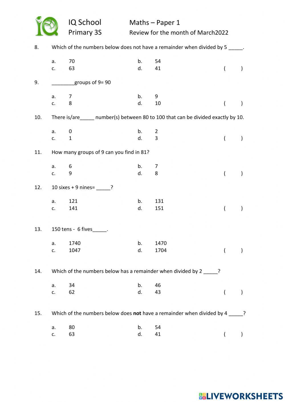 Maths P1 Standa… | Free Interactive Worksheets | 1954465