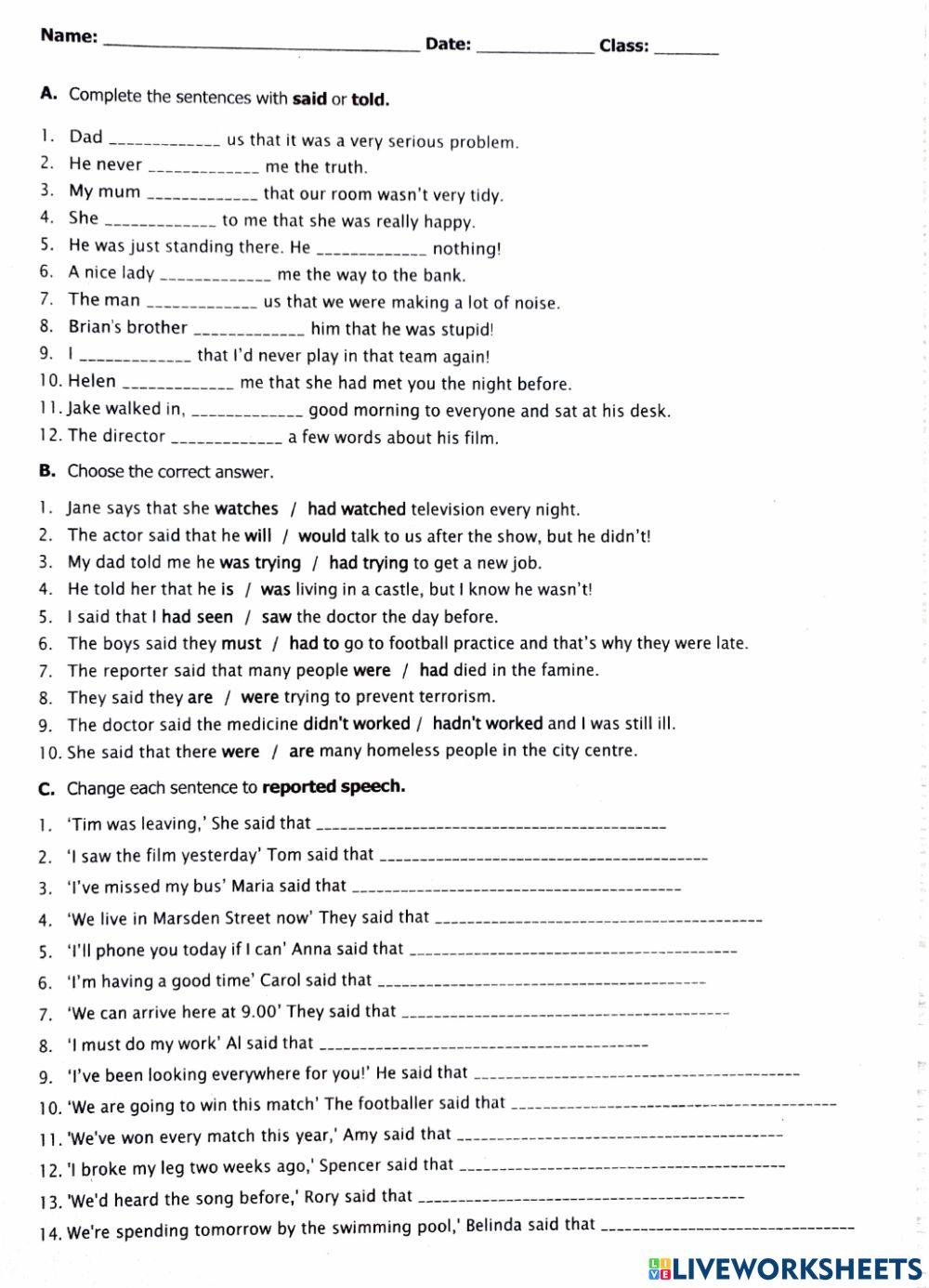 Reported Speech Online Exercise For Intermediate Live Worksheets Reported Speech Online Exercise For Intermediate Live Worksheets